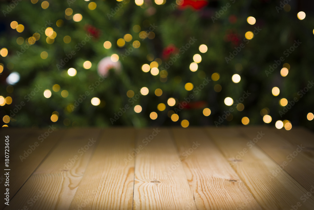 christmas table background with christmas tree bokeh Stock Photo ...