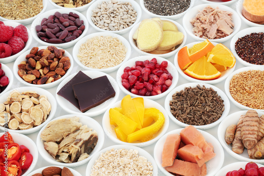 Healthy food for good heart health concept with super food of fish ...