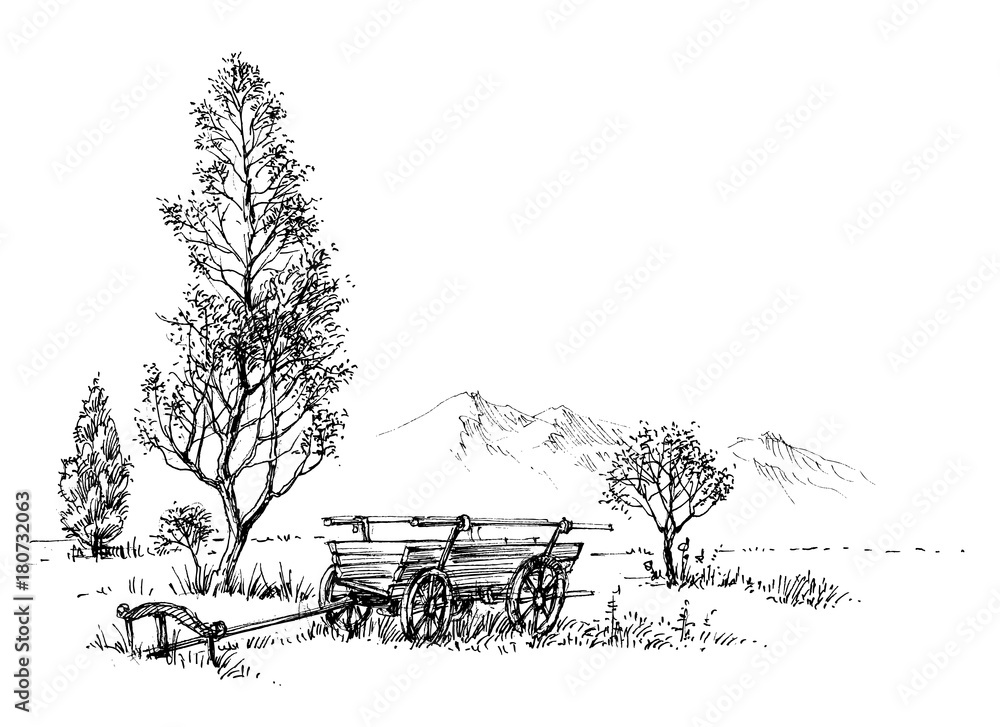 Countryside artistic drawing. Rural nature and cart sketch Stock Vector ...