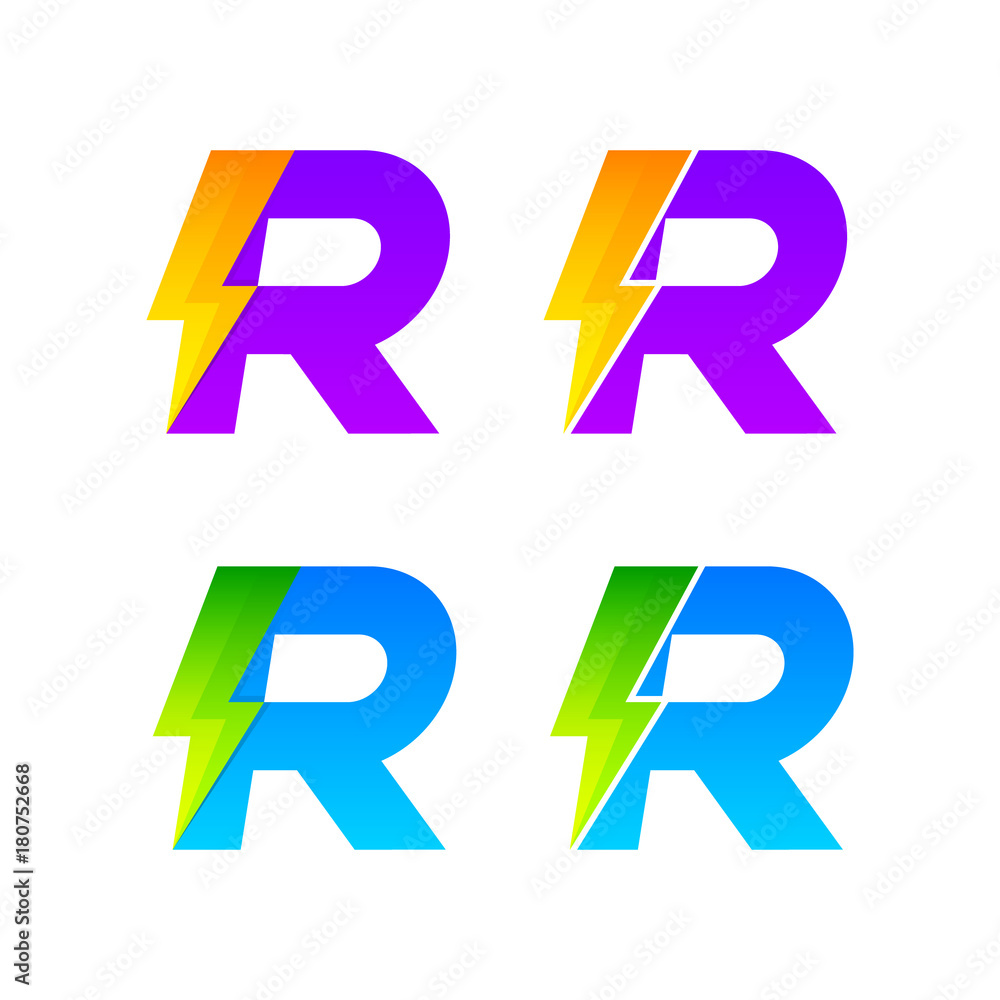 Letter R logotype set with Thunder Electric logo, Energy, Power, Flash ...