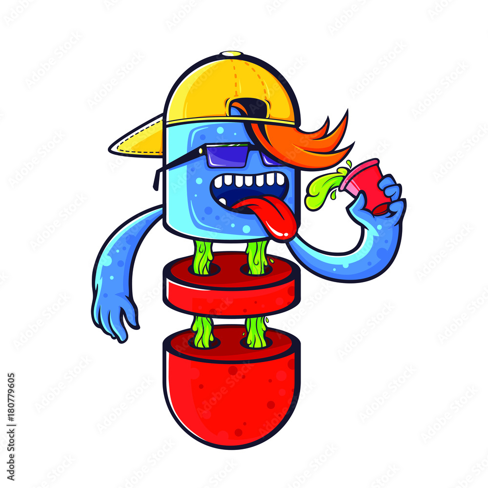 Cute and funny character of pill with water and style cap and ...