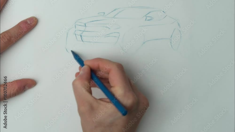 The hand sketch of the car its blue illustration in perspective on the ...
