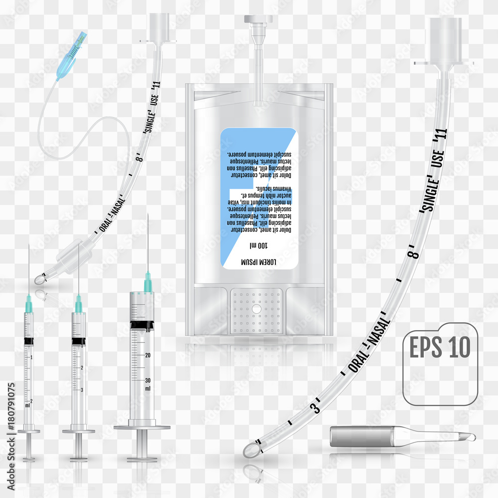 Realistic Intravenous fluid, syringe, tracheal tube without cuff and ...
