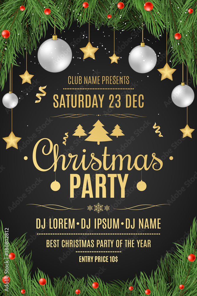 Poster for a Christmas party. Fir tree and snow berries on a black ...