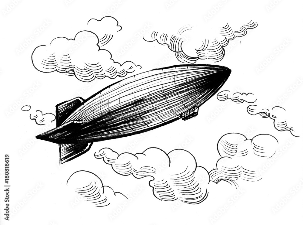 Rigid airship in the sky, Ink black and white drawing Stock ...