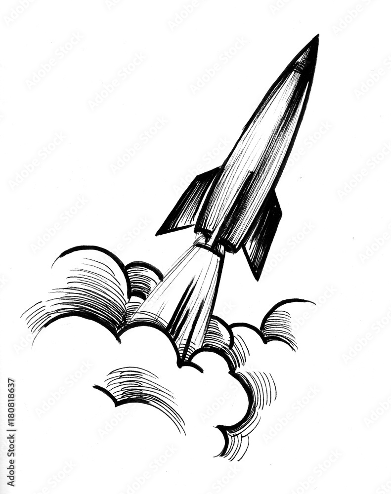 Flying rocket. Black and white ink drawing Stock Illustration | Adobe Stock