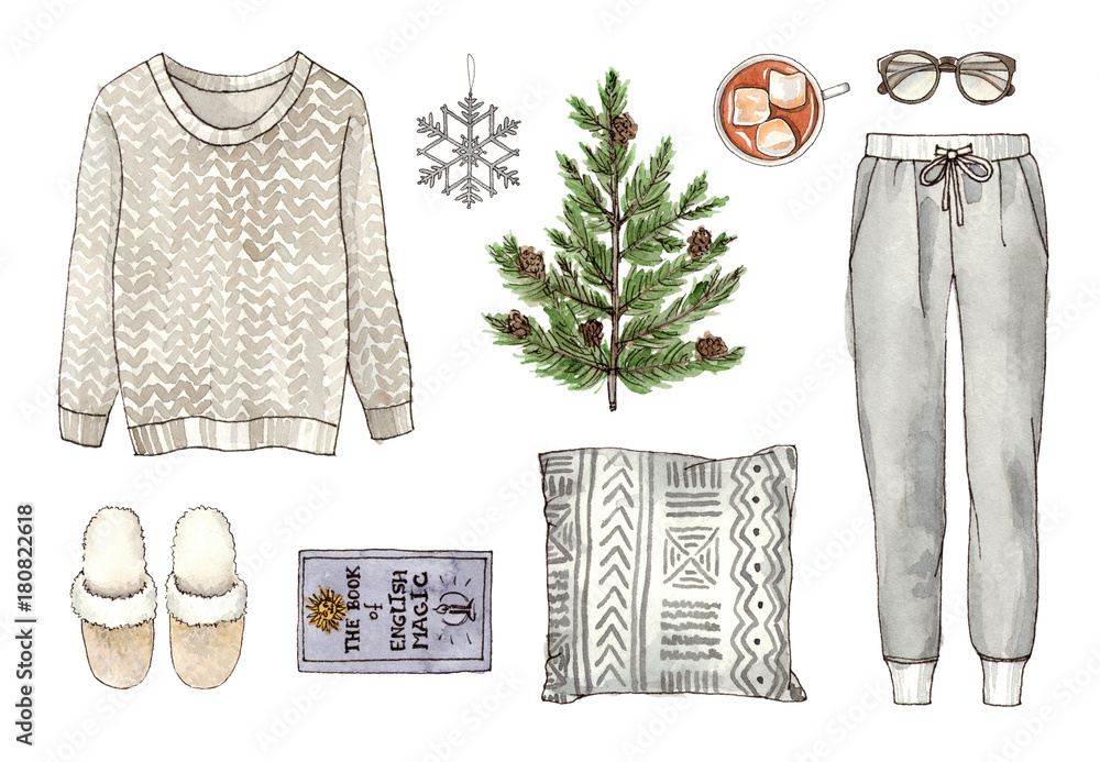 watercolor hand drawing sketch fashion outfit, a set of clothes and ...