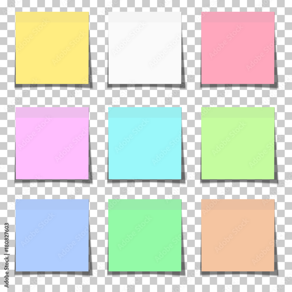 Set of color paper sticky notes glued to the surface isolated on ...