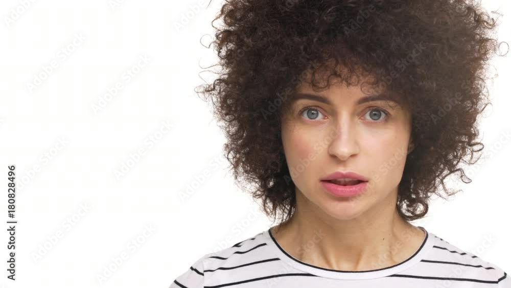 closeup portrait of cool woman with shaggy hair expressing excitement ...