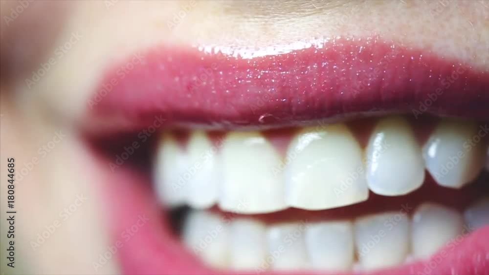 Pink glossy female lips. White teeth, tongue. Air kiss closeup Stock ...