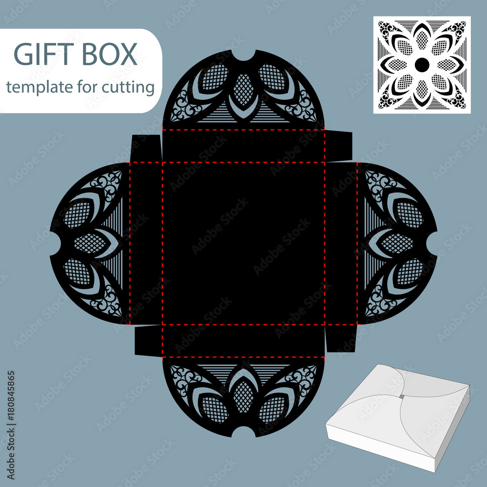 Paper gift box, lace pattern, square bottom, cut out template ...