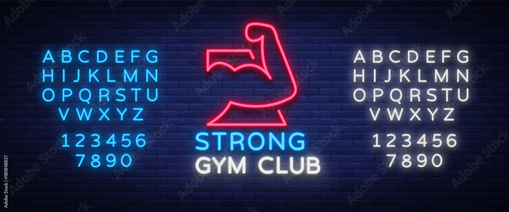 Logotype gym sign in neon style isolated vector illustration. A glowing ...