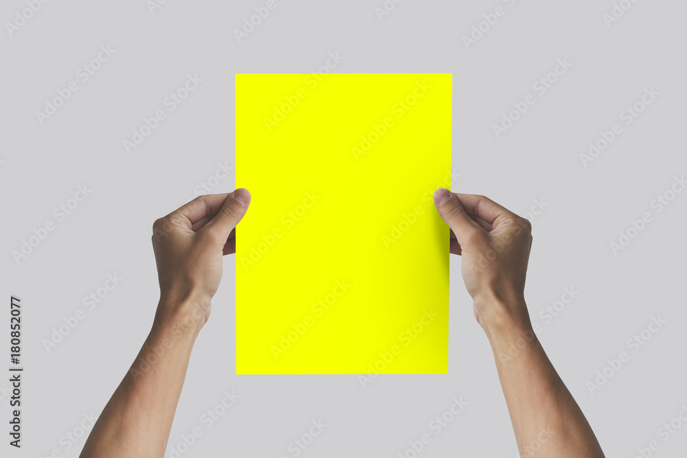 Hands holding A4 paper in the hand. Leaflet presentation. Pamphlet hand ...