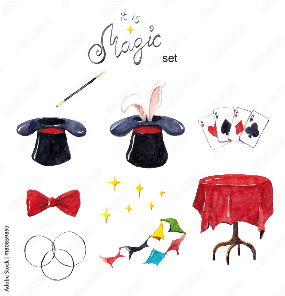 Watercolor hand drawn illustration set of magician attributes with ...