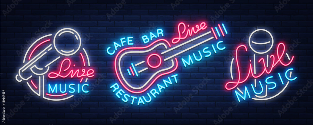 Live music set of neon signs vector logos, poster, emblem for live ...