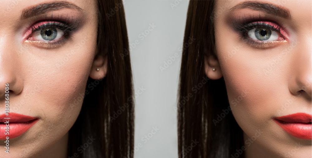 face of woman before and after retouch Stock Photo | Adobe Stock