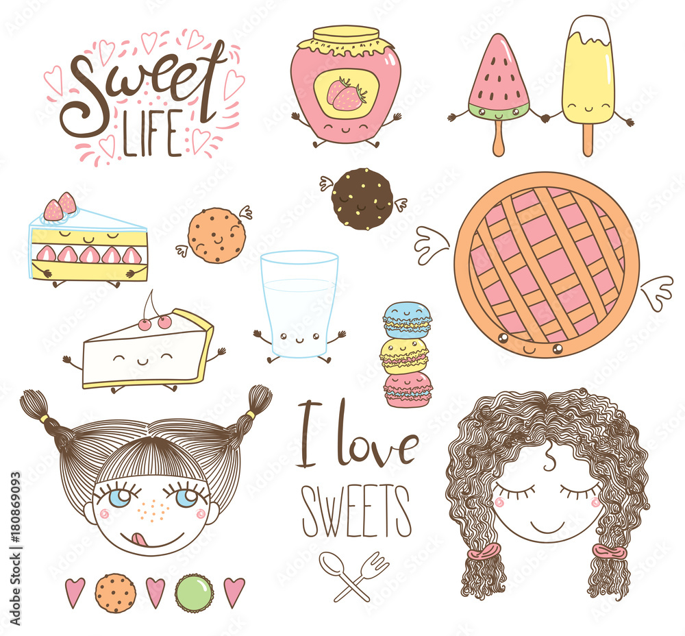 Set of different hand drawn sweet food doodles, with kawaii cartoon ...