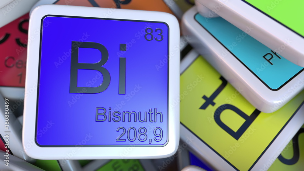 Bismuth Bi block on the pile of periodic table of the chemical elements ...