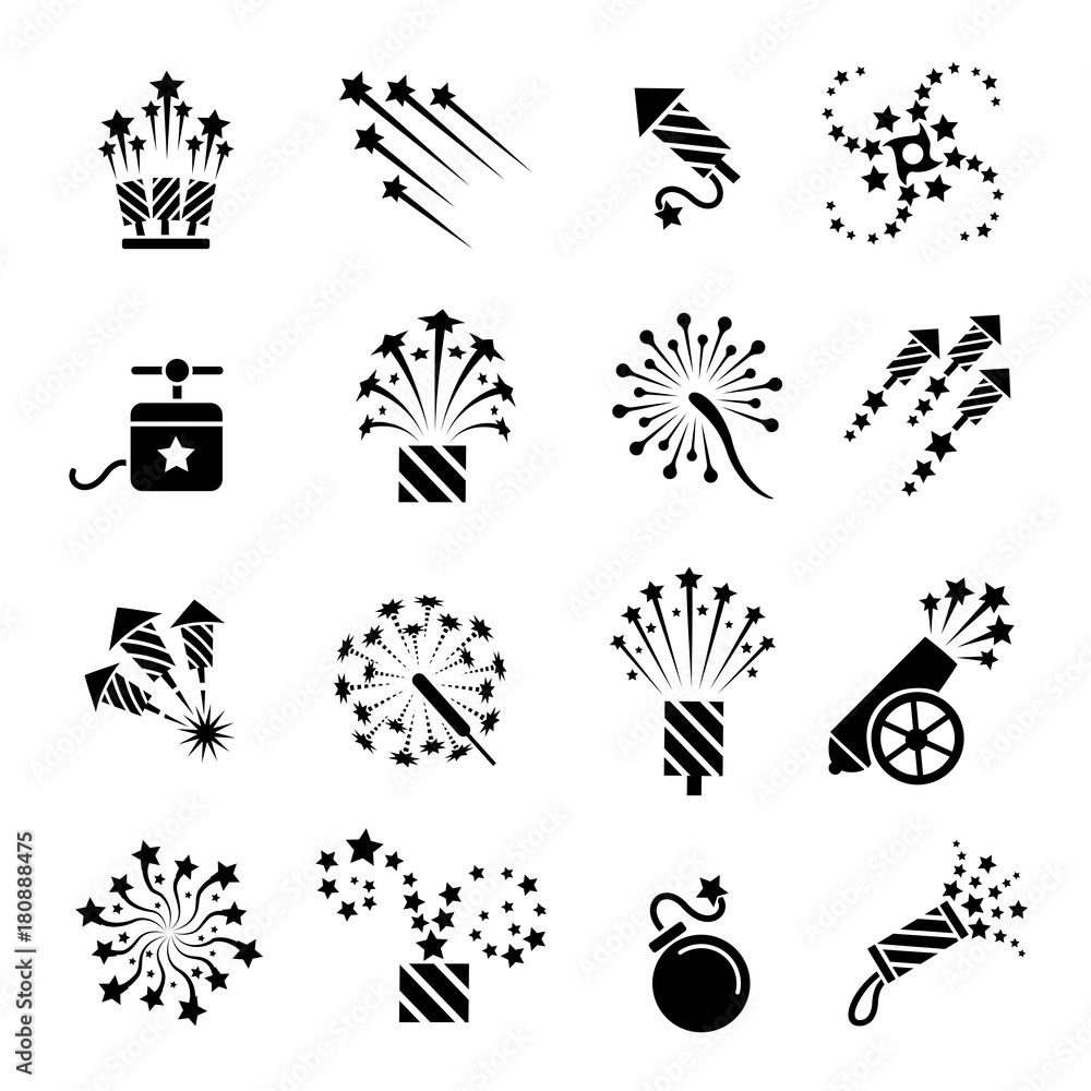 Pyrotechnic icons. Festival celebration sparkle burst, fun dynamite and ...