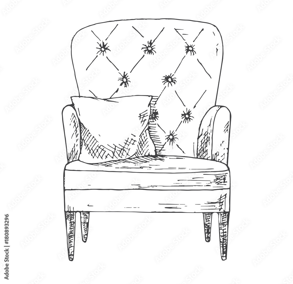 Hand drawn a soft chair with a pillow. Vector illustration in sketch ...