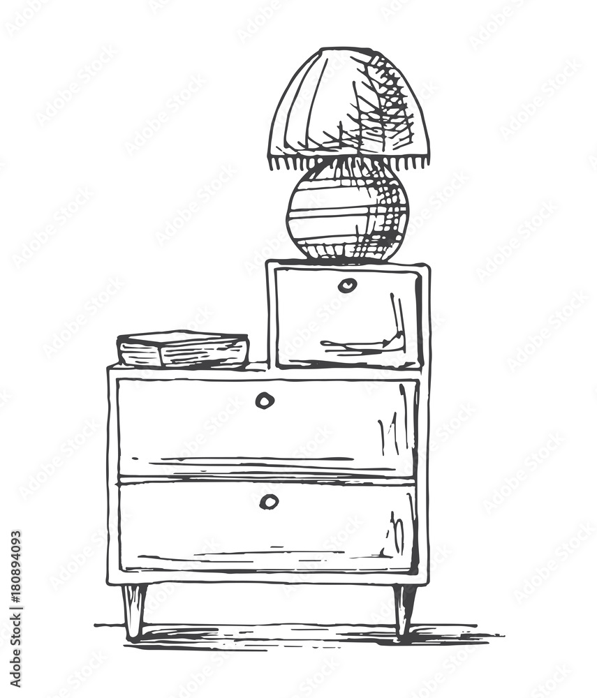 Bedside table with a lamp. Vector illustration in sketch style. Stock ...