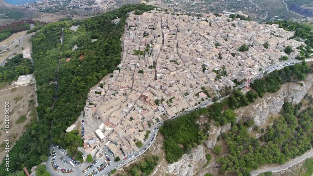 Aerial top down view of mountain town Erice is historic town and comune ...