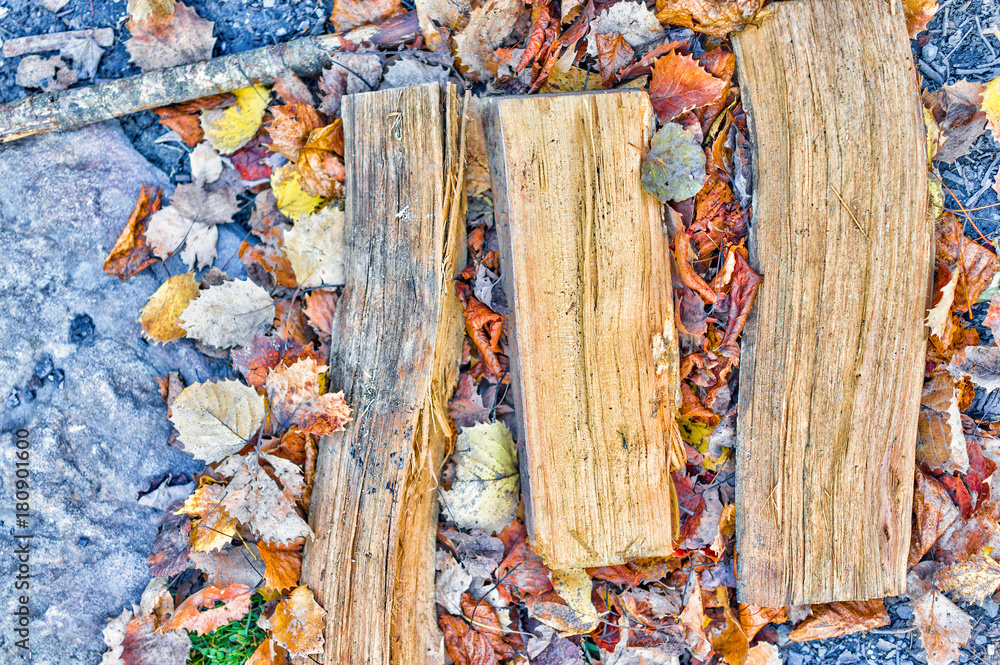 Macro closeup flat top view of three wooden firewood pine wood logs for ...