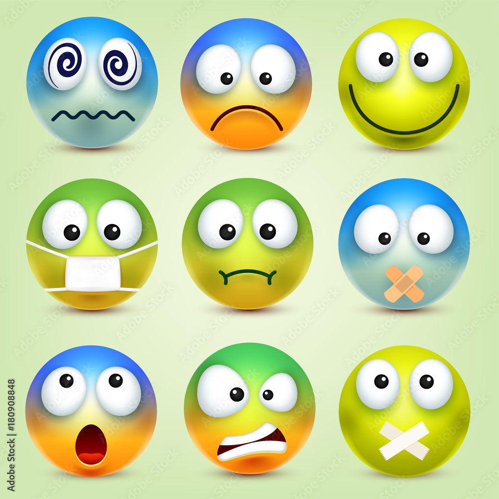 Smiley,emoticons set. Yellow face with emotions. Facial expression. 3d ...