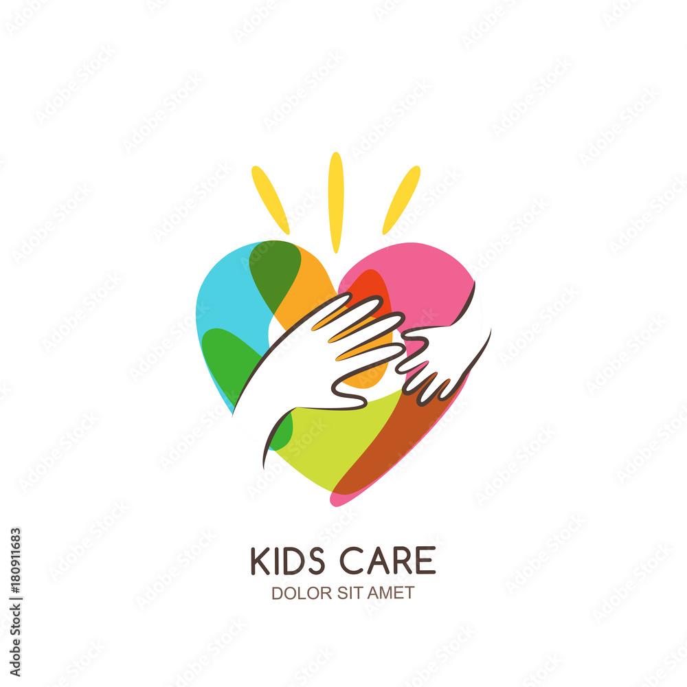 Kids care, family, charity vector logo emblem design template. Hand ...