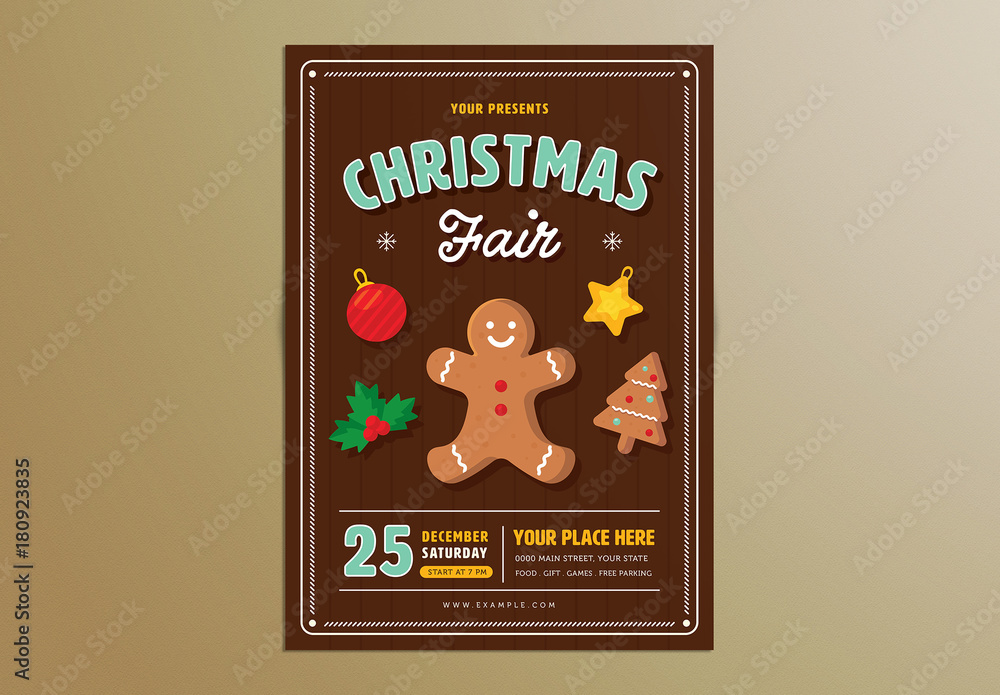 Christmas Fair Flyer with Gingerbread Man Illustrations Stock Template ...