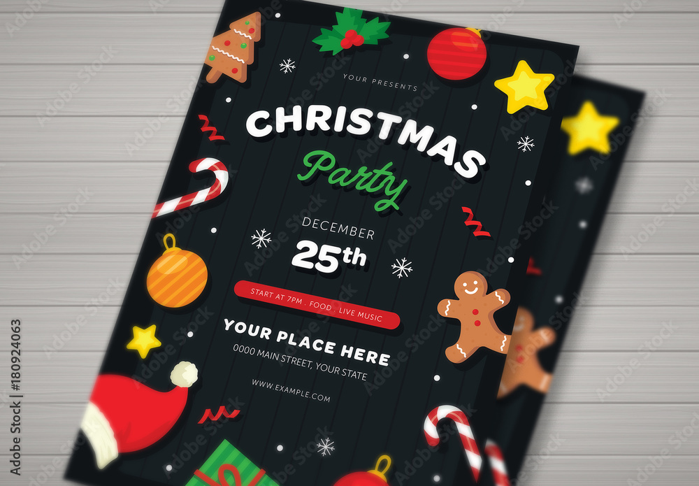 Christmas Party Flyer with Festive Vector Illustrations Stock Template ...