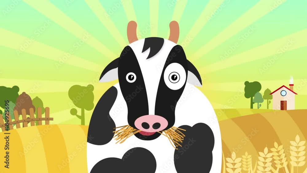Cartoon cow grazing on meadow loop. cute cow eating grass in the farm ...