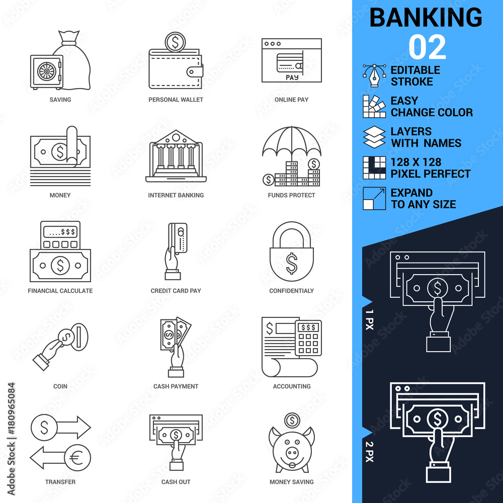 Banking icons set. Thin Line Vector Illustration. Adjust stroke weight ...