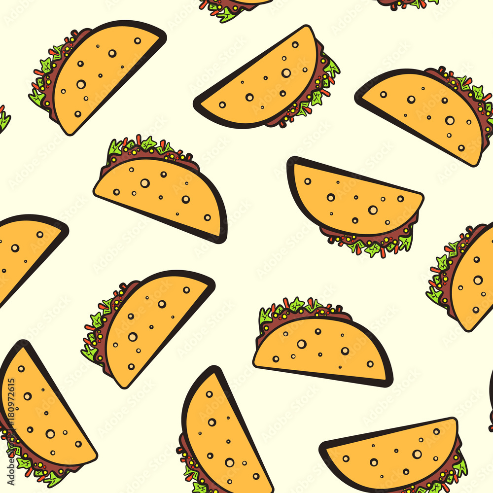 Colorful seamless pattern with cute cartoon mexican taco. Flat pop art ...
