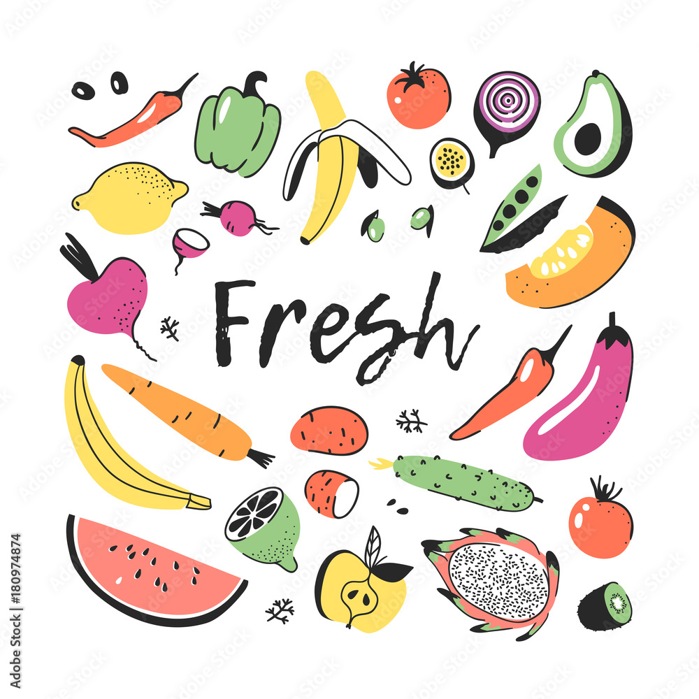 Hand drawn set of vegetables and fruits. Vector artistic drawing food ...