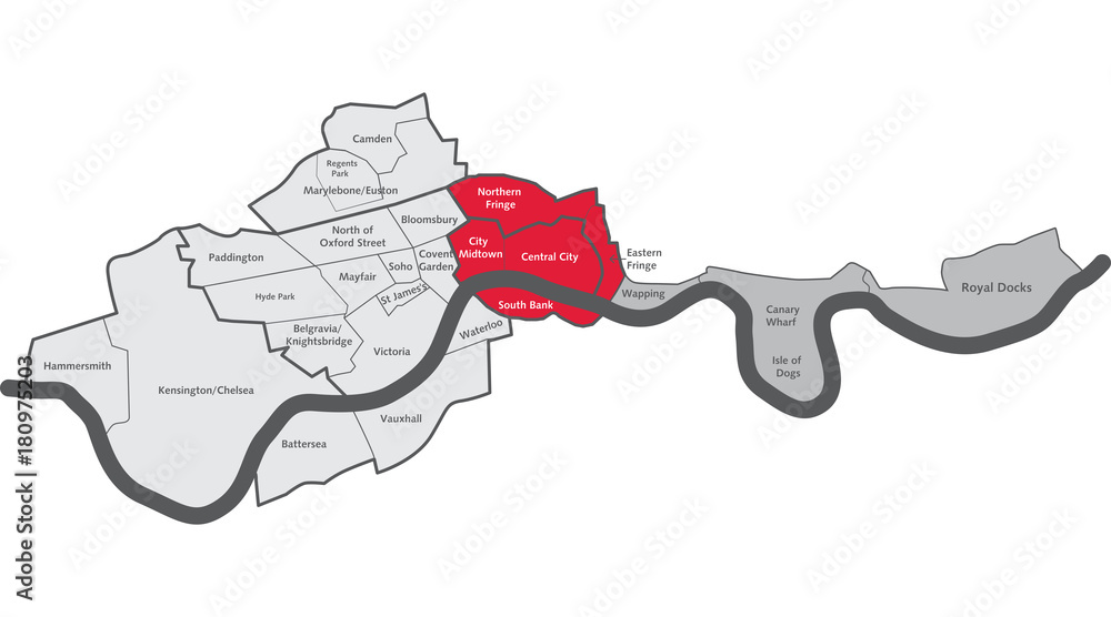 London City Centre Map With Area Labels Stock Illustration | Adobe Stock