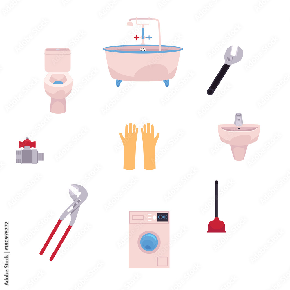 vector cartoon flat plumbing tools, equipment set. Bath tube, sink ...