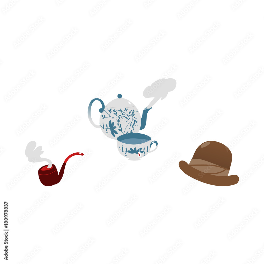 vector flat british gentleman symbols icon set. English tea in ceramit ...