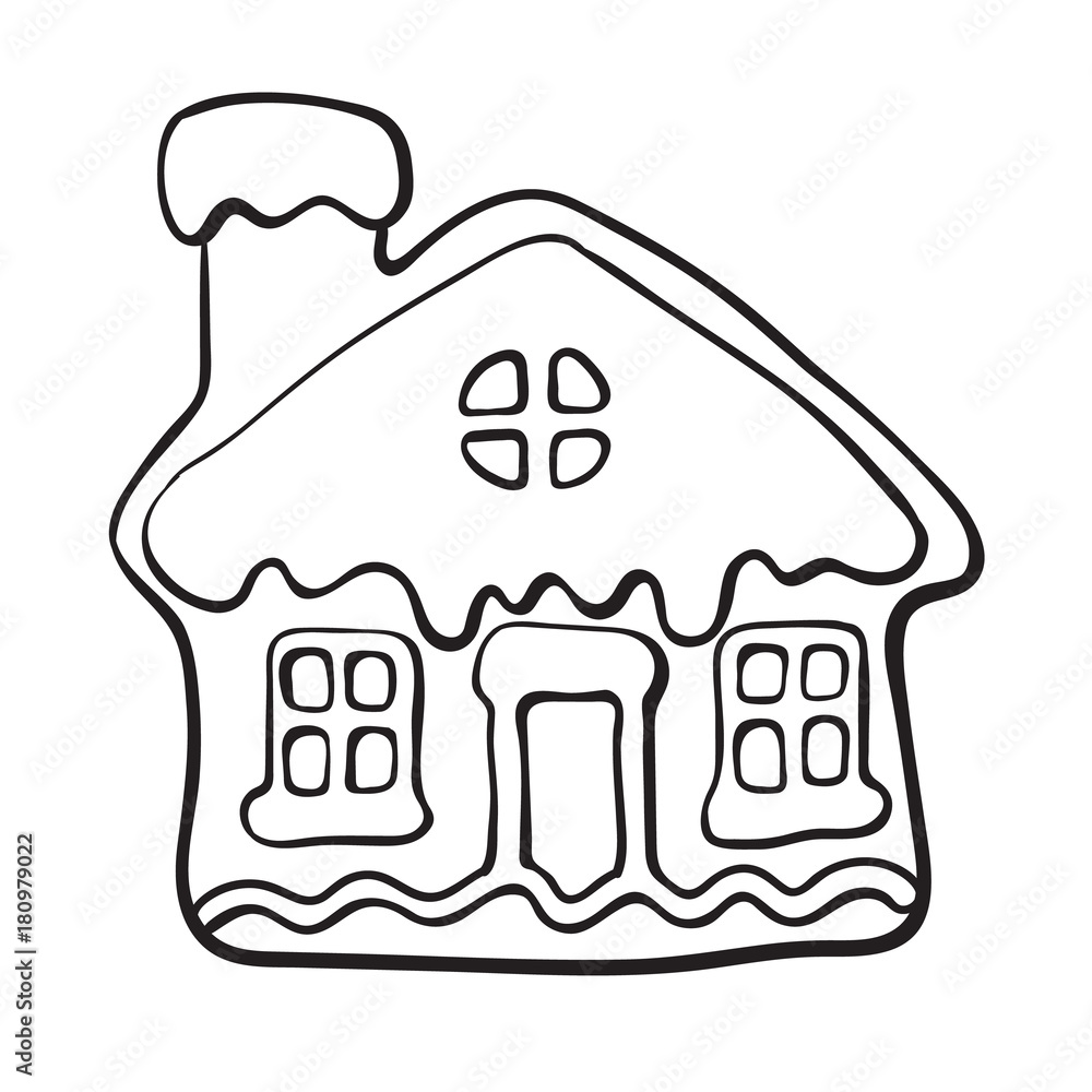 Glazed house-shaped homemade Christmas gingerbread cookie, sketch style ...