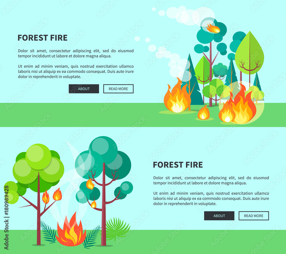 Forest Fire Set of Cartoon Posters with Text Stock Vector | Adobe Stock