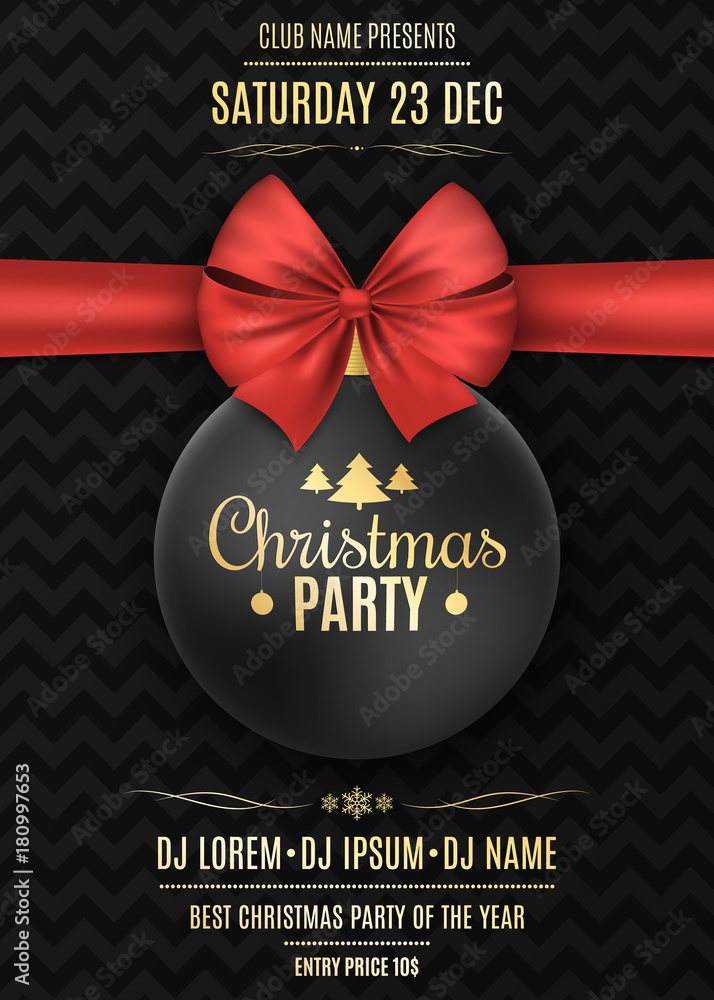 Invitation to a Christmas party. Black ball with a red ribbon on a ...