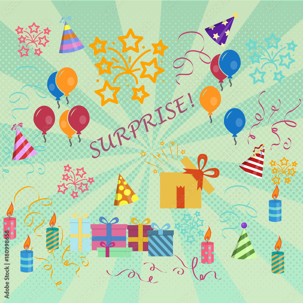 Vector illustration of greeting card for birthday. Invitation poster ...