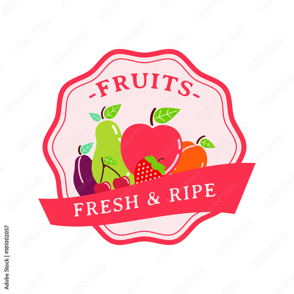 Fruit logo. Juicy fruits and text. Apple, pear, plum, strawberry ...