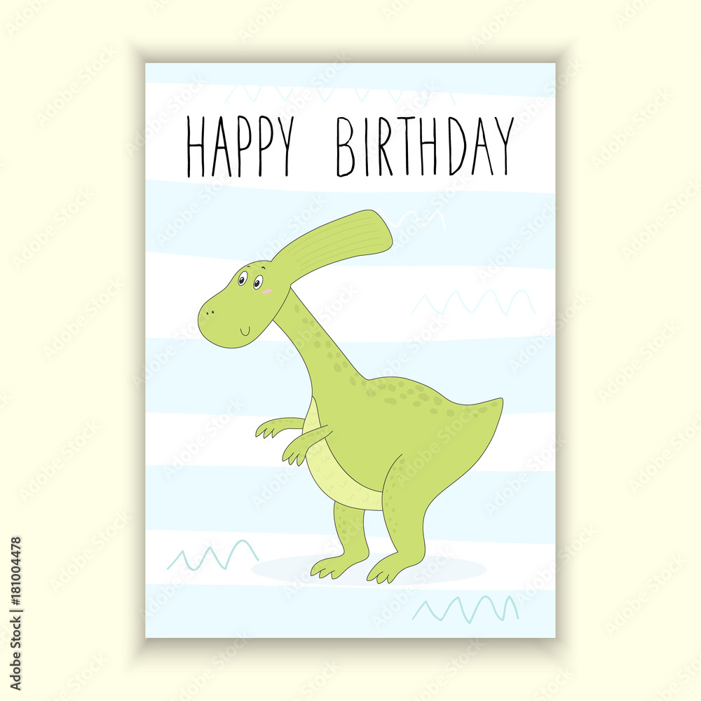 Happy Birthday card design. Cute hand drawn card with dinosaur ...