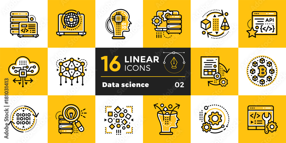 Linear icon set of Data science technology and machine learning process ...