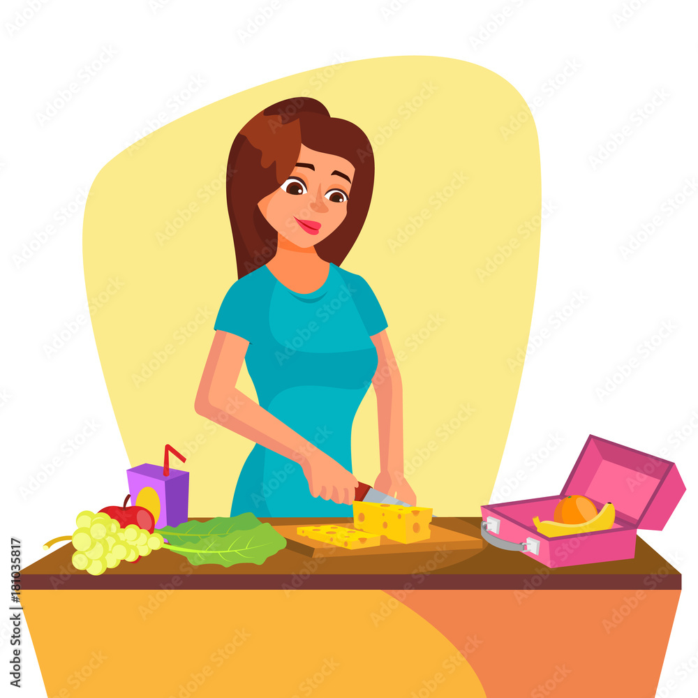 Lunch Box Vector. Young Woman Making Lunch In The Morning. Mother ...