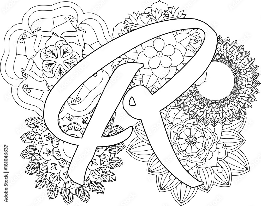 mandala-R-monogramlogo-Doodle Floral Letters. Coloring Book For Adult ...