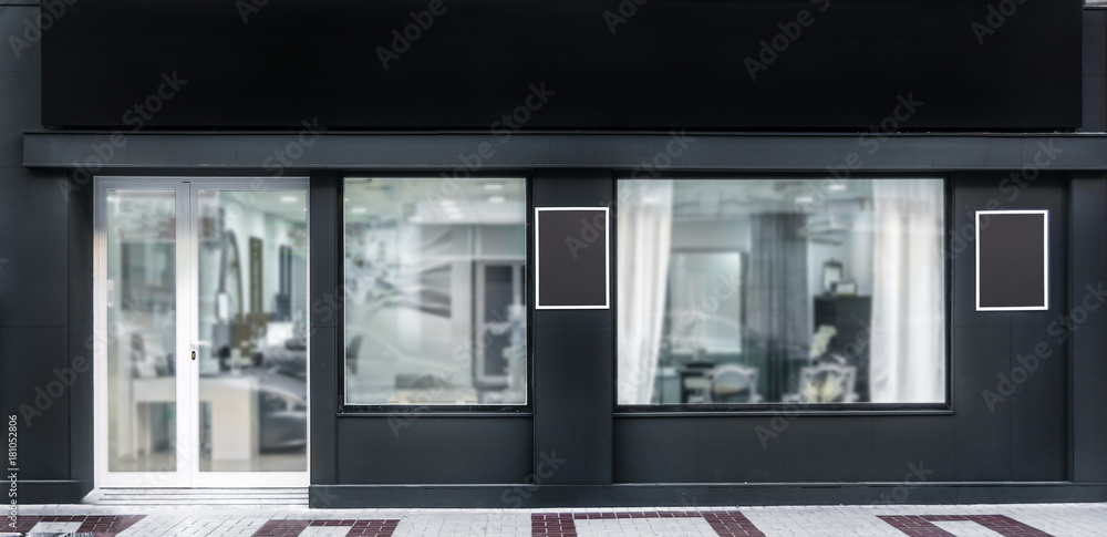 Outdoor mock up,store template,front view black shop facade with ...