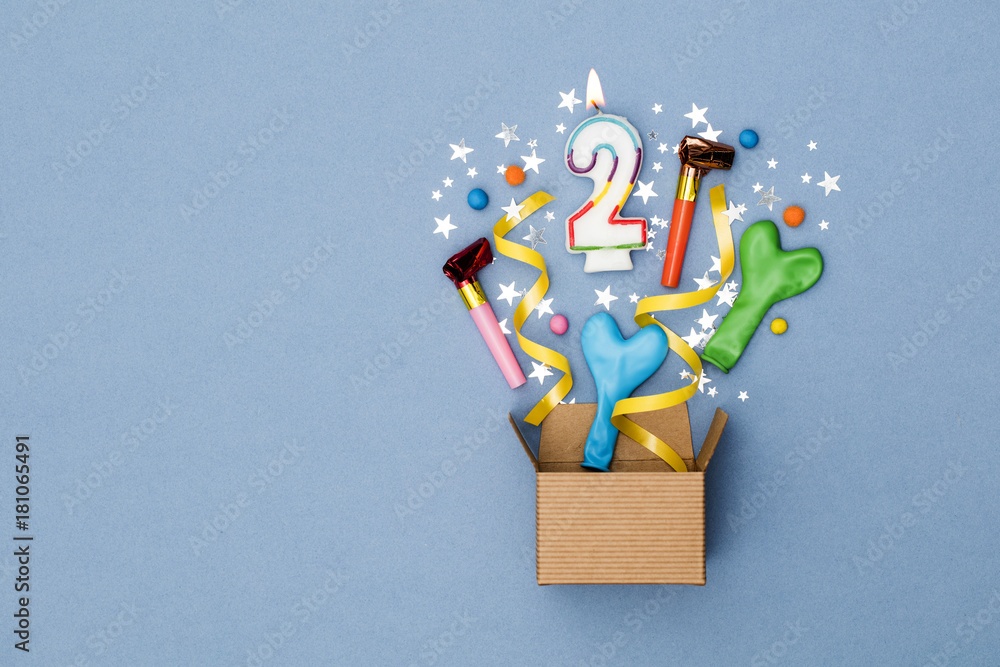 Number 2 celebration present background. Gift box exploding with party ...