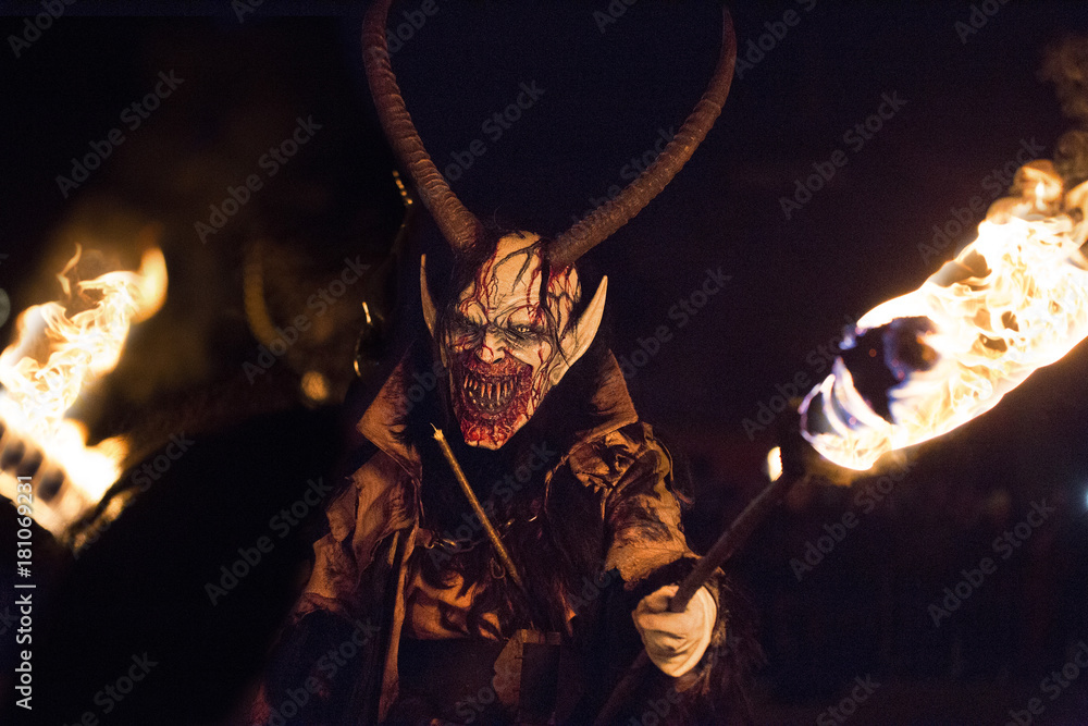 Krampus during the traditional festival., Tarvisio, Julian alps, Italy ...